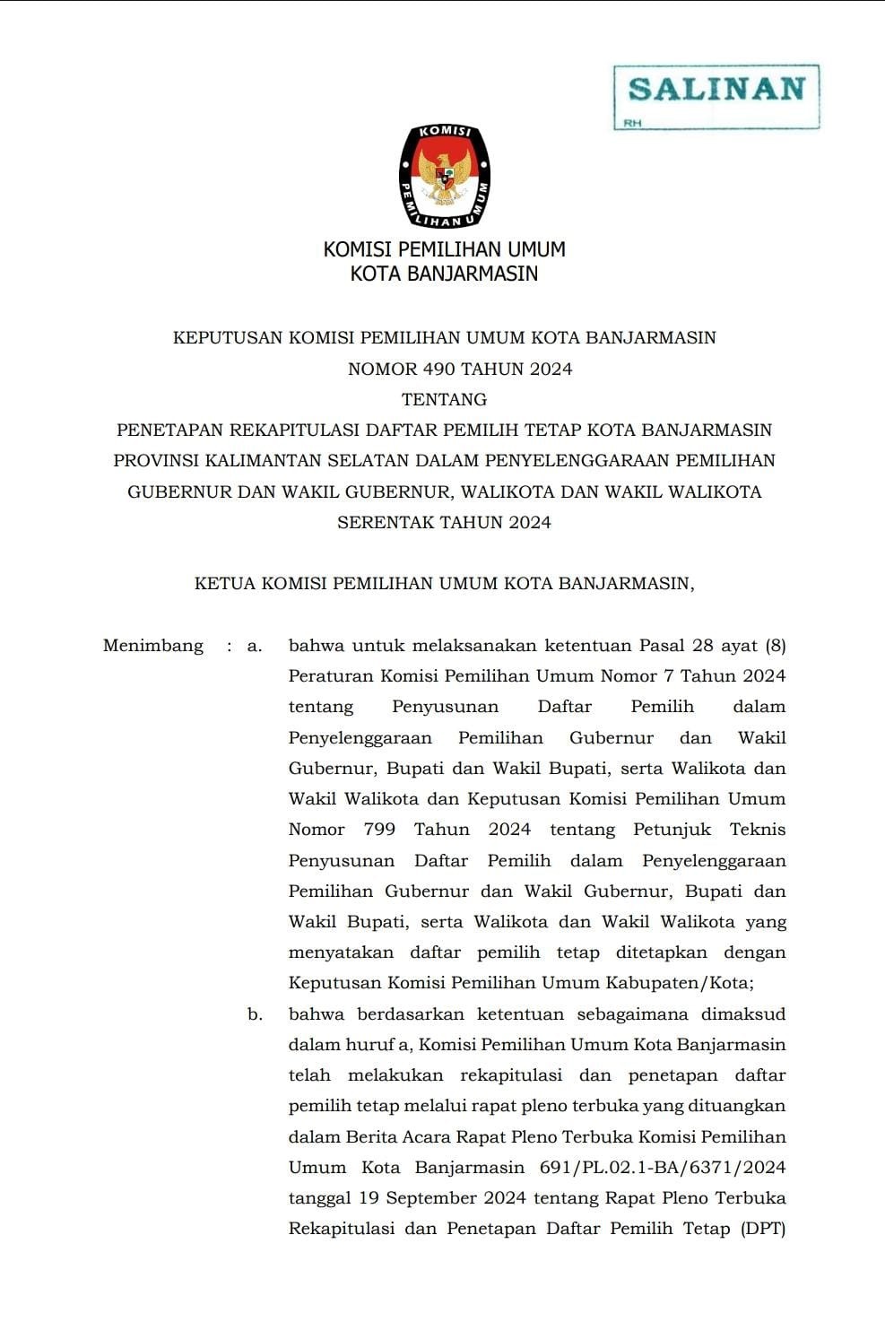 KPU KOTA-BANJARMASIN - KEPUTUSAN KOMISI PEMILIHAN UMUM KOTA BANJARMASIN NOMOR 490 TAHUN 2024