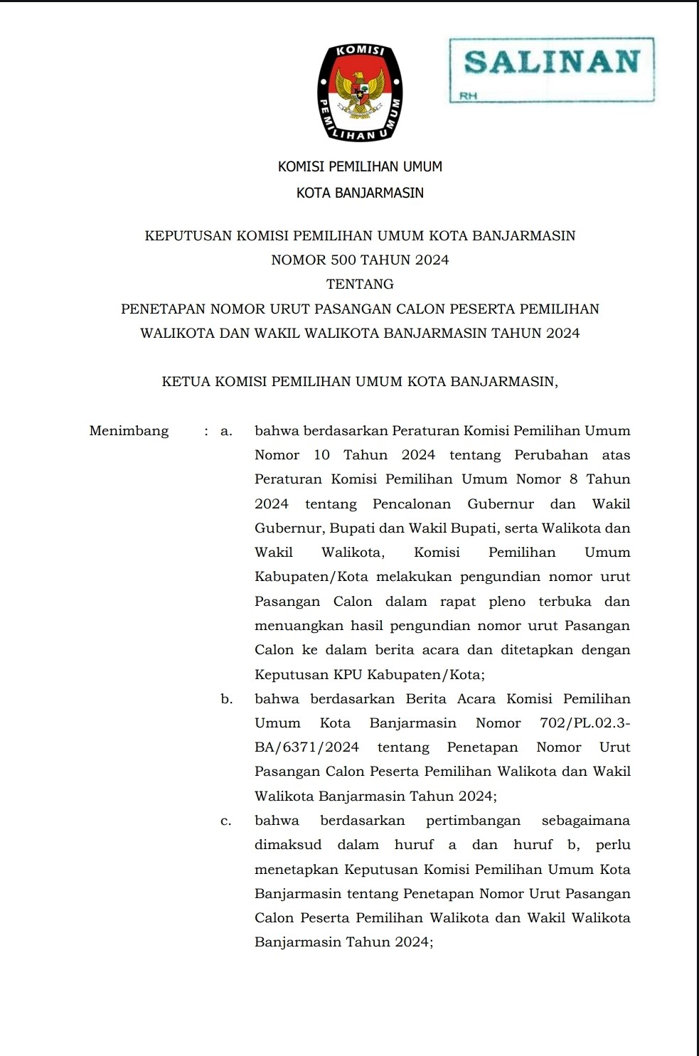 KPU KOTA-BANJARMASIN - KEPUTUSAN KOMISI PEMILIHAN UMUM KOTA BANJARMASIN NOMOR 500 TAHUN 2024 ...